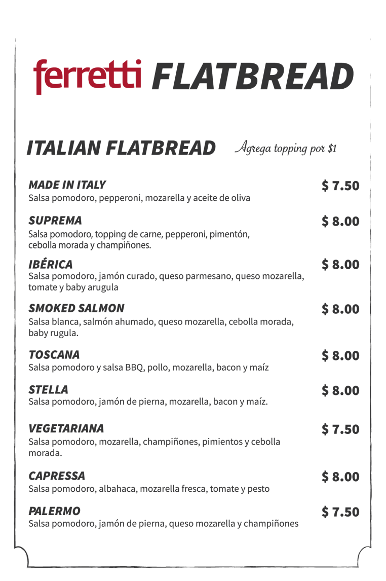 Menu - Ferretti Panama Gelato - coffe - panini - flatbread