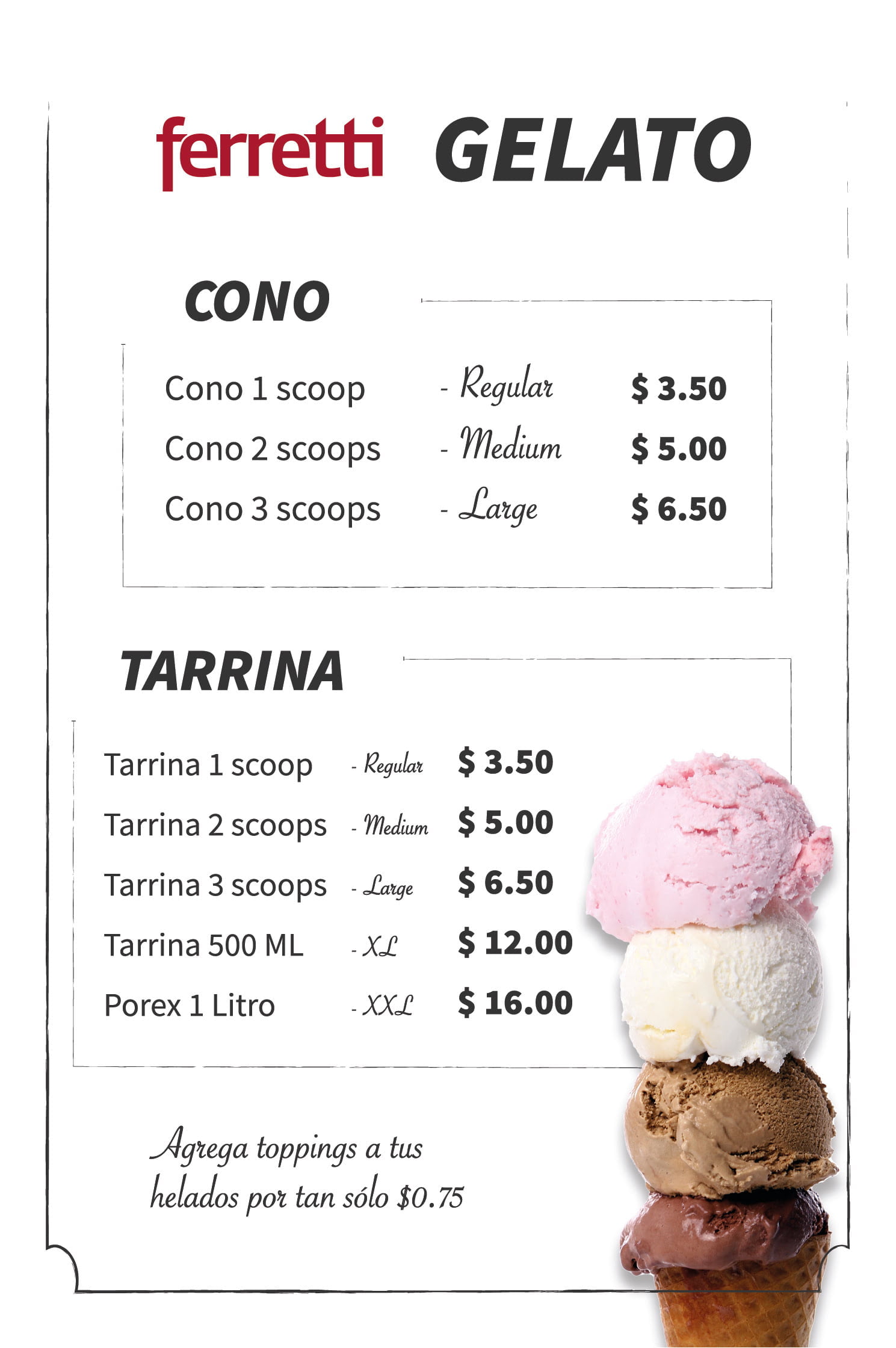 Menu - Ferretti Panama Gelato - coffe - panini - flatbread